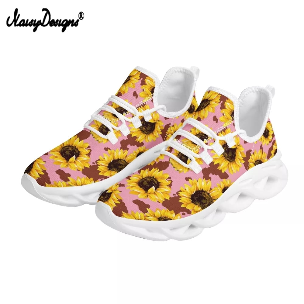 Noisydesigns Women Sneakers Yellow Flower With Cow Pattern Running ...