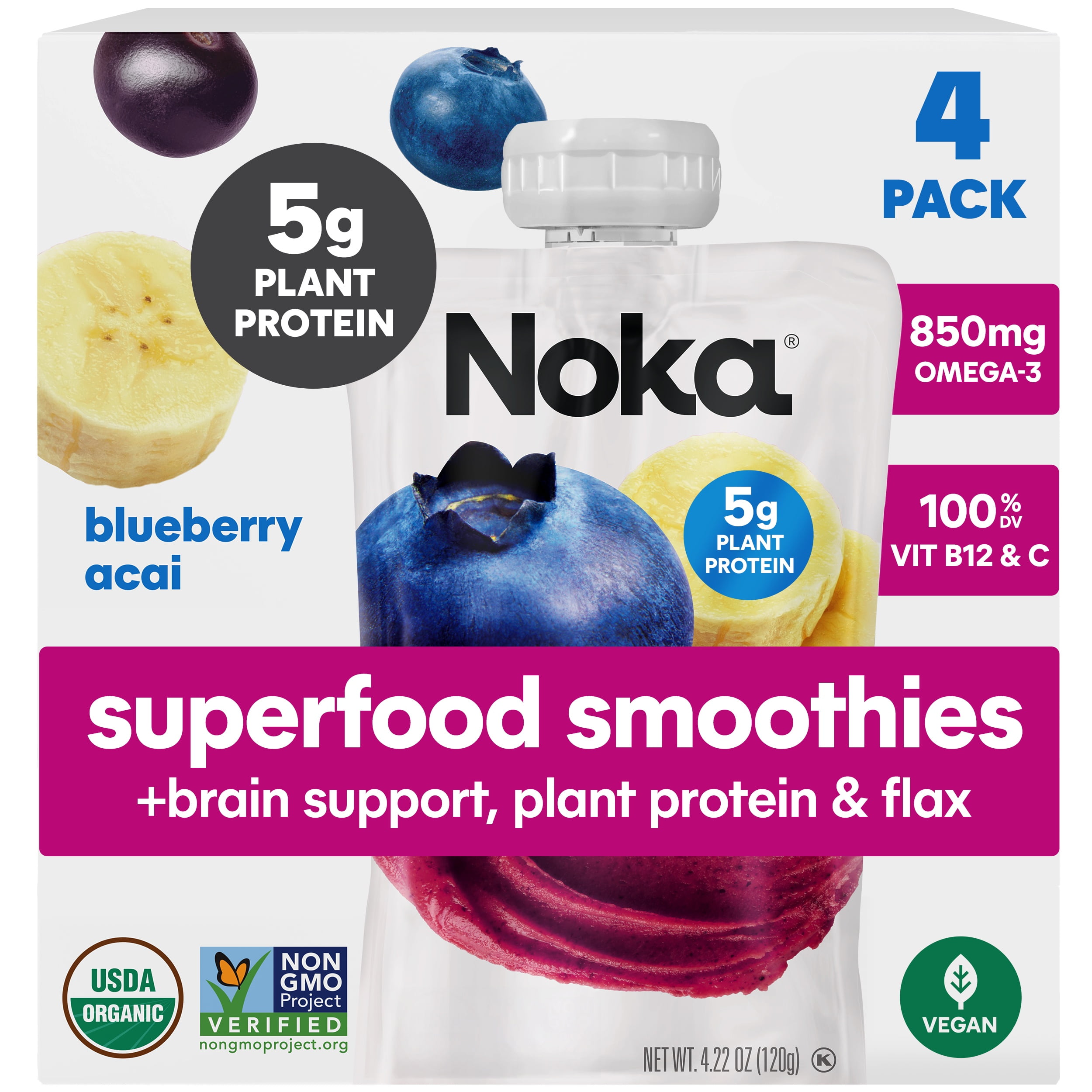 NOKA Organic Non-GMO Blueberry Acai Smoothie, 4.22 oz Pouches, 4 Count ...