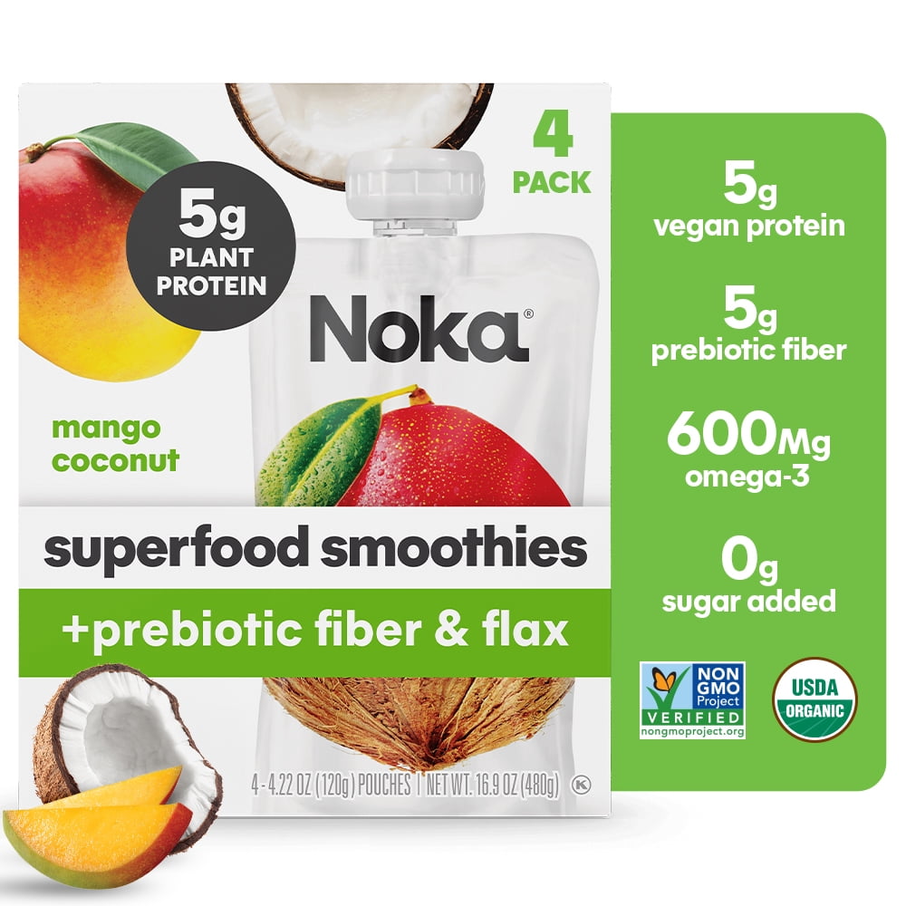 Noka Organic Mango Coconut Superfood Smoothie Pouches with Plant ...