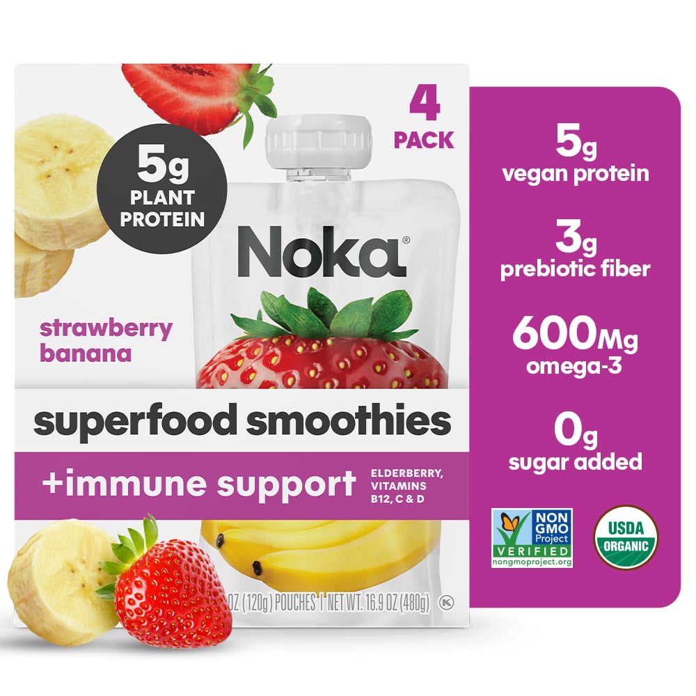 Noka Organic Strawberry Banana Smoothie, 4.22 oz Fruit Pouches, 4 Count ...
