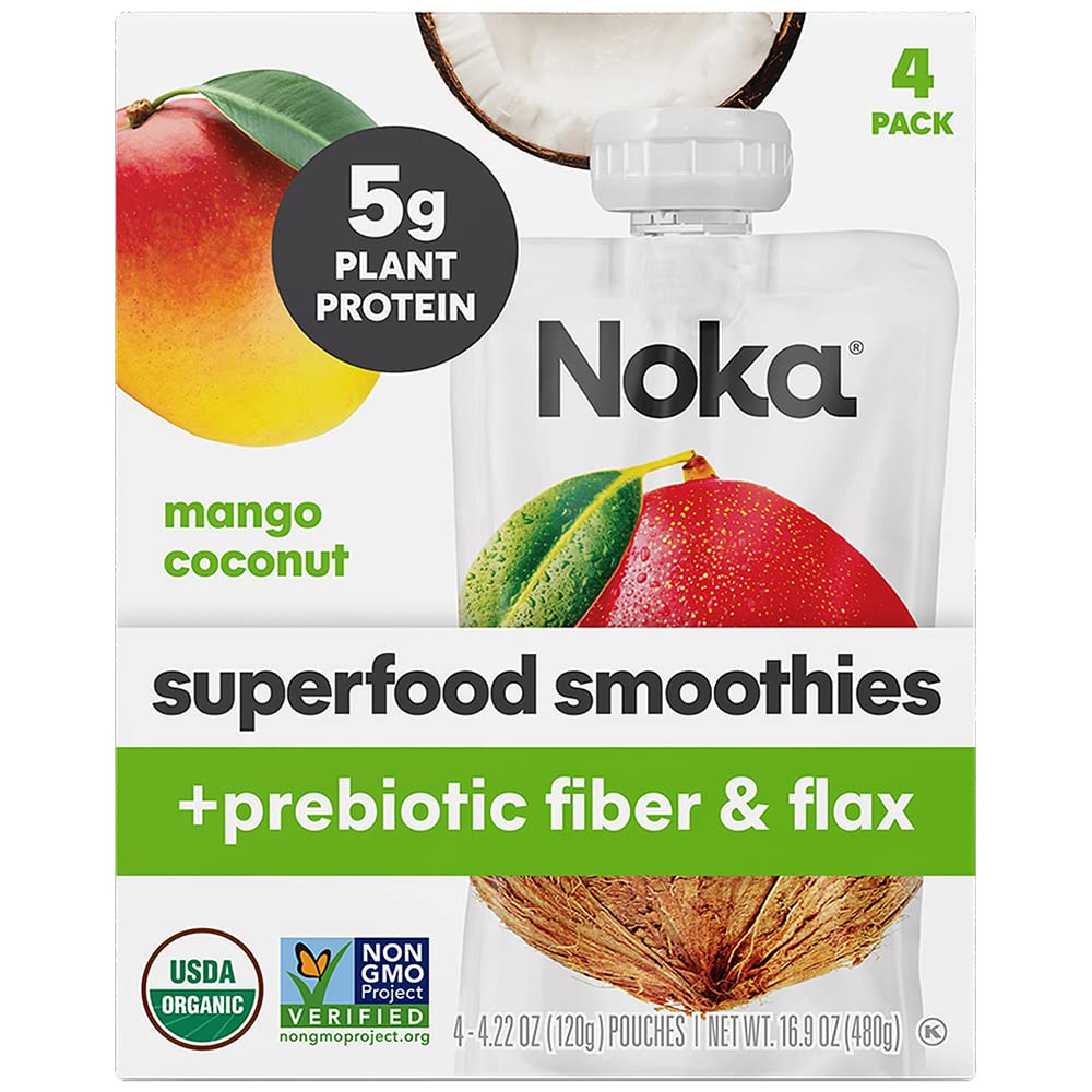 Noka Superfood Smoothie Pouches TSF6 (Mango Coconut) 4 Pack, with Plant ...