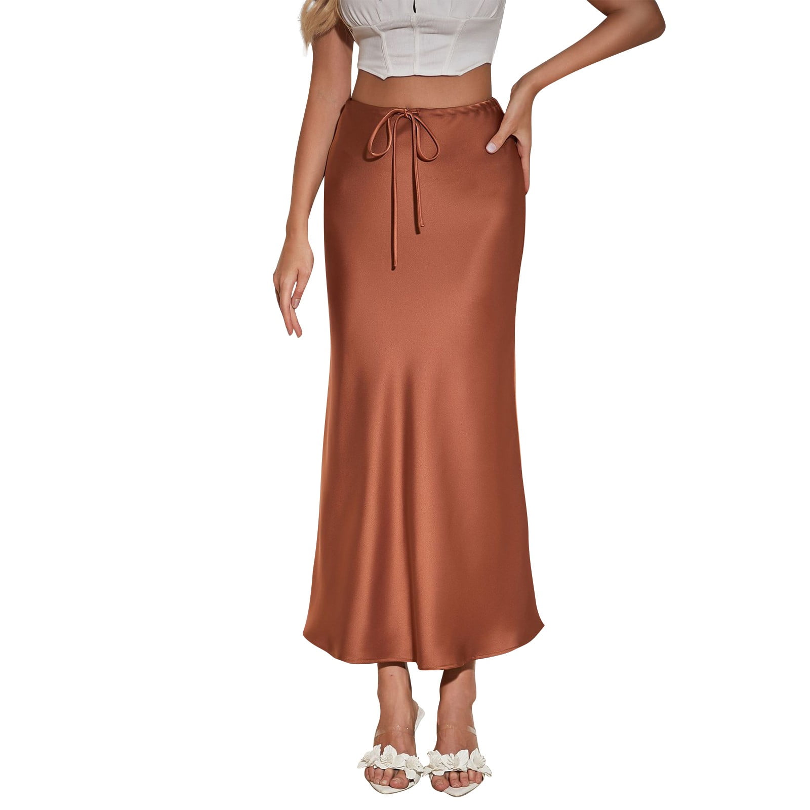 Nokdvo Brown Skirt for Women Solid Satin Maxi High Waisted Skirts ...