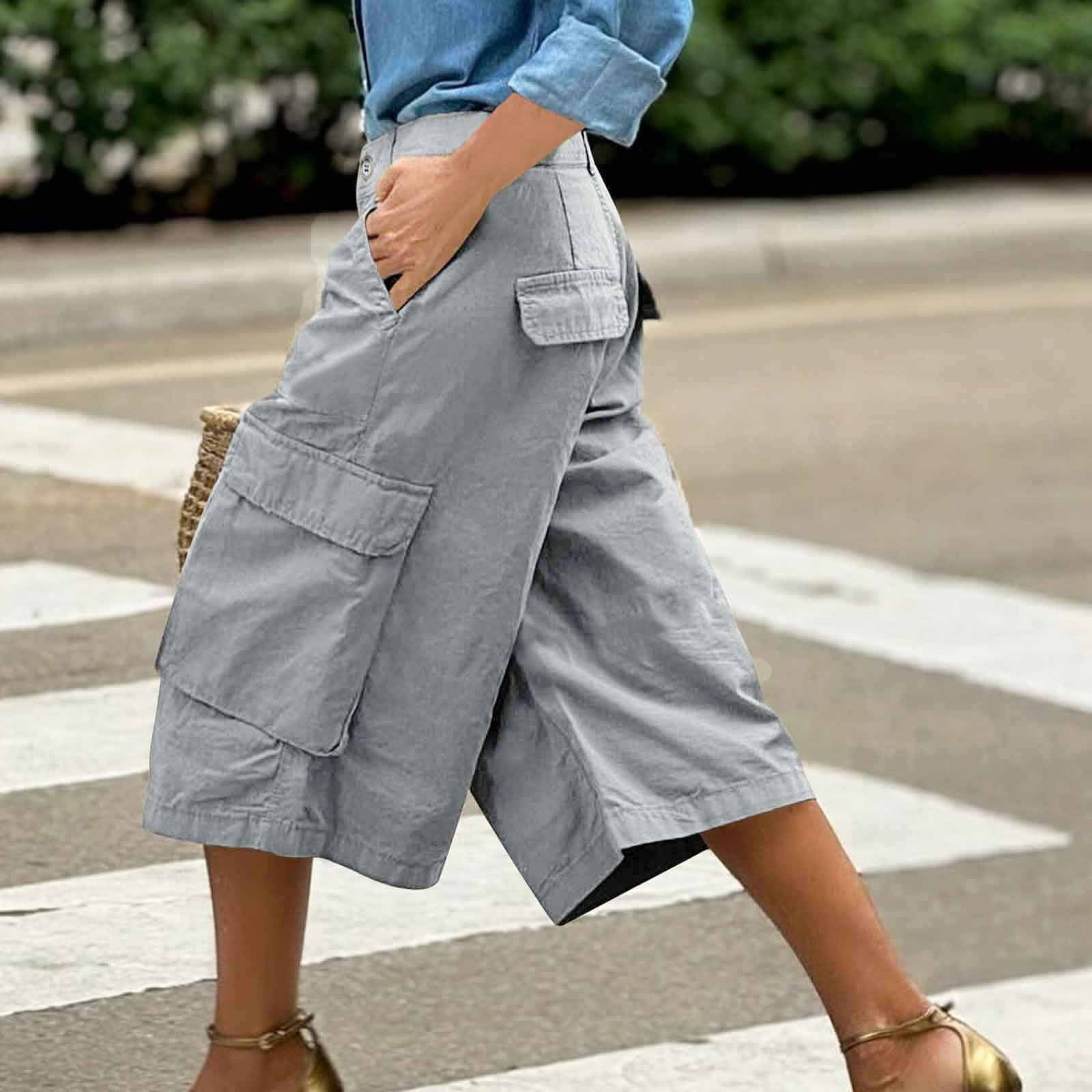 Nokdvo Cargo Capris for Women with Pockets Summer Quick Dry Wide Leg ...