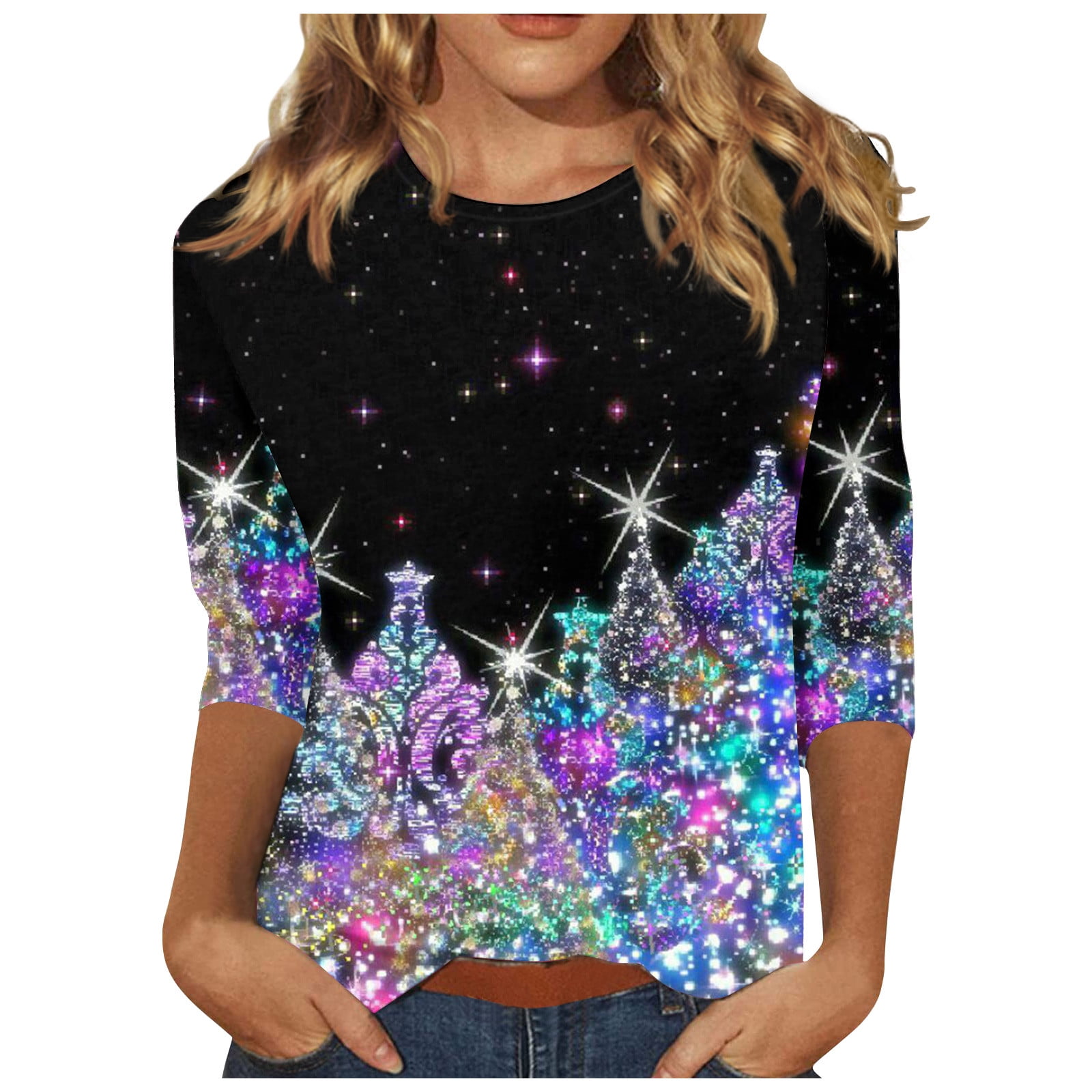Nokdvo Christmas Womens T Shirts Ugly Christmas Tree Elk Print Basics ...