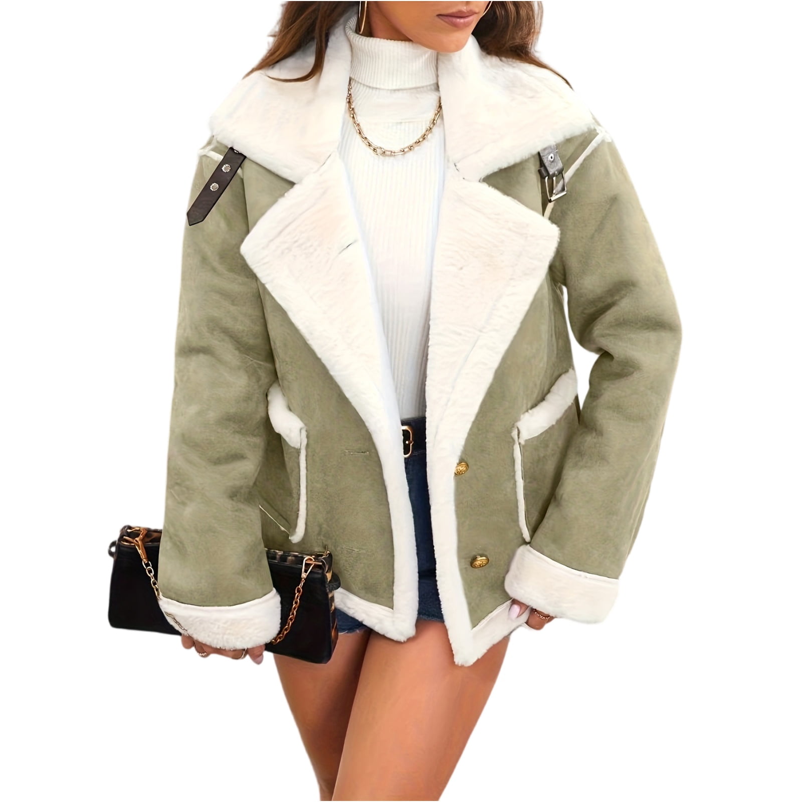 Nokdvo Faux Suede Jacket for Women Sherpa Lined Jackets Lapel Button ...