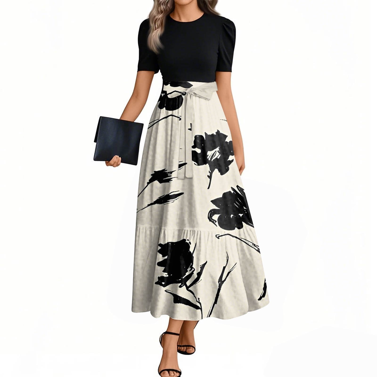 Nokdvo Maxi Dresses for Women Short Sleeve Floral Print Office Teacher ...