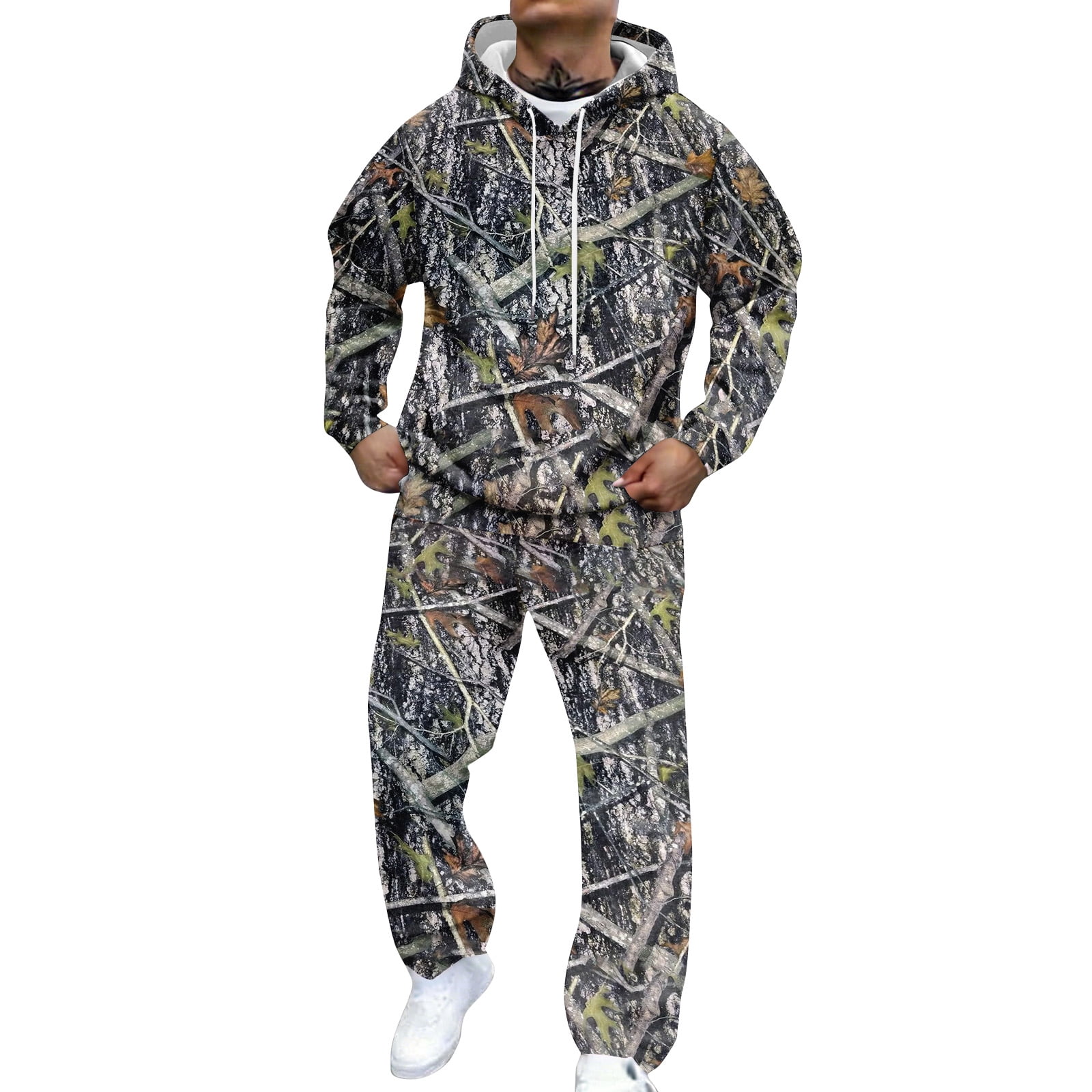 Nokdvo Men's Camo Sweat Set Maple Leaf Camo Print Hoodies Sets with ...