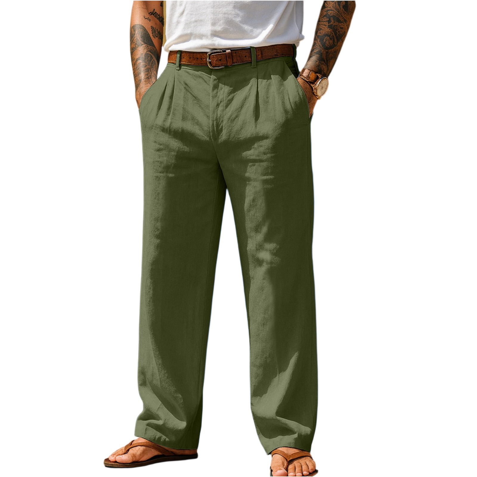 Nokdvo Mens Linen Pants Trendy Button Straight Leg Trousers Spring ...