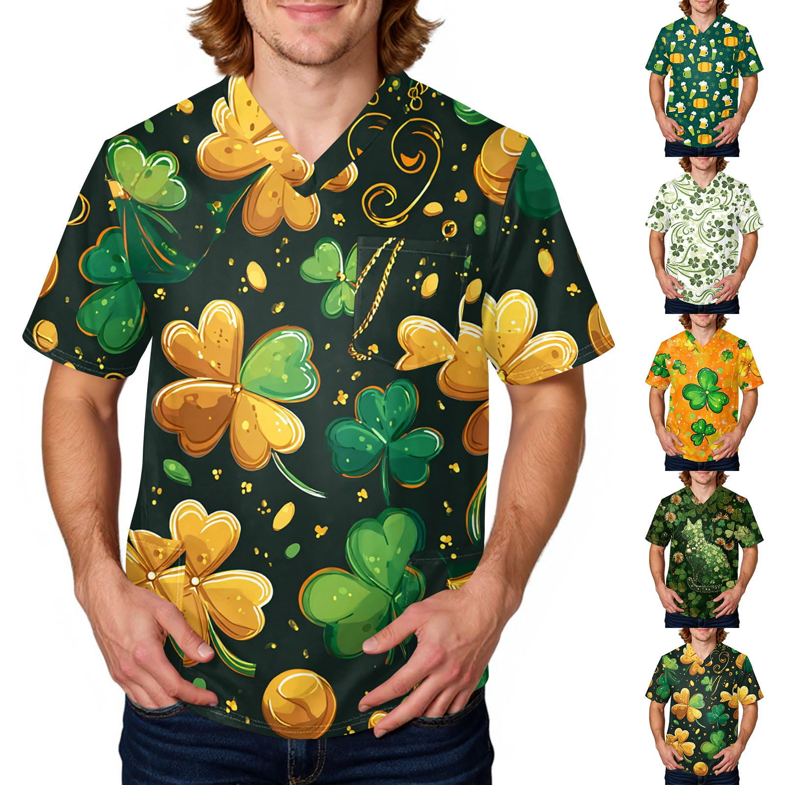 Nokdvo Mens Scrub Tops Clover Saint Patricks Day V-Neck Short Sleeve ...