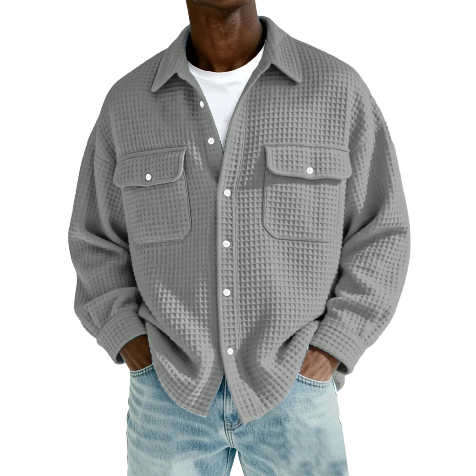 Nokdvo Shirt Mens Fashion 2026 Button Down Lapel Collar Waffle Shirt ...