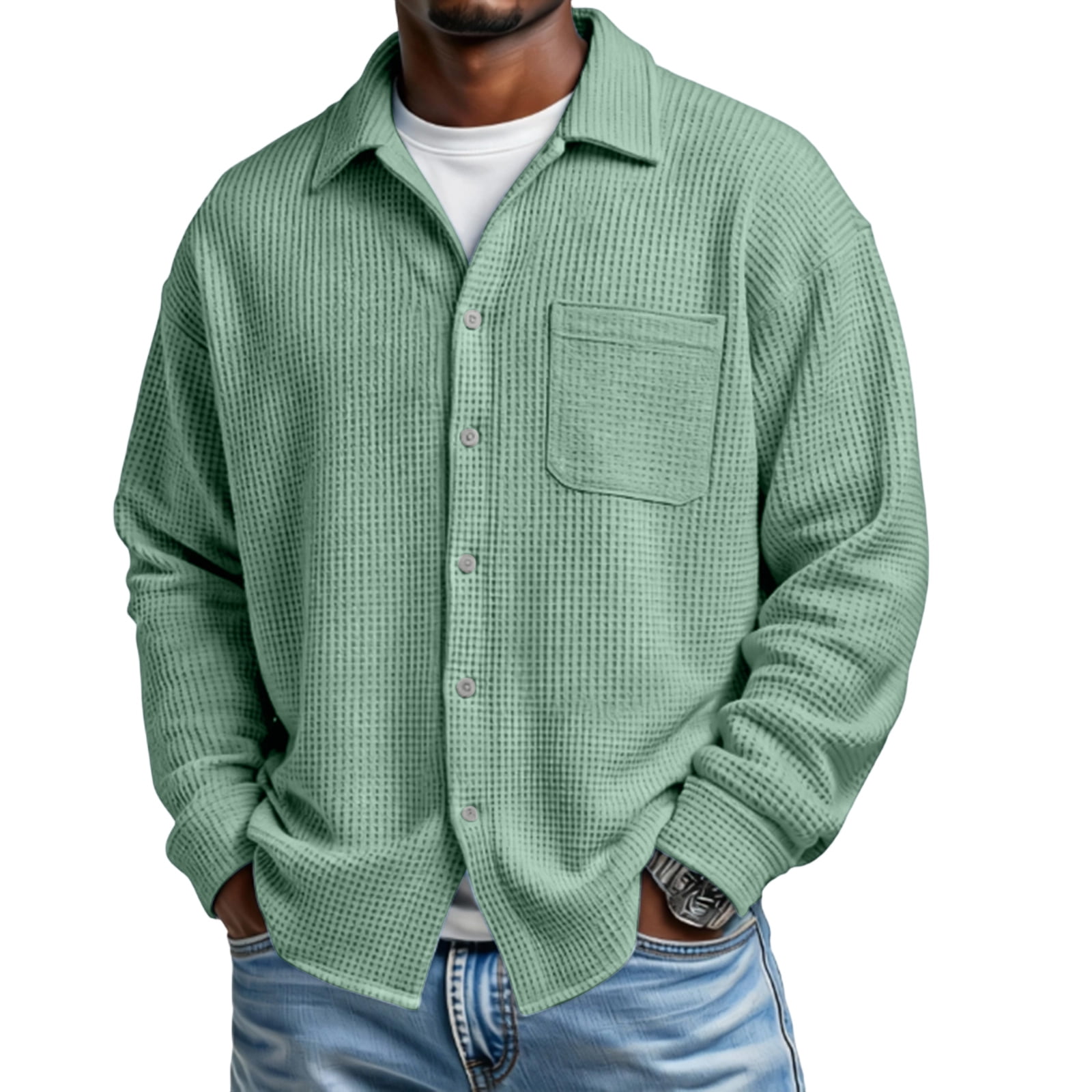 Nokdvo Shirts Mens Fashion Button Down Lapel Collar Waffle T-Shirts ...