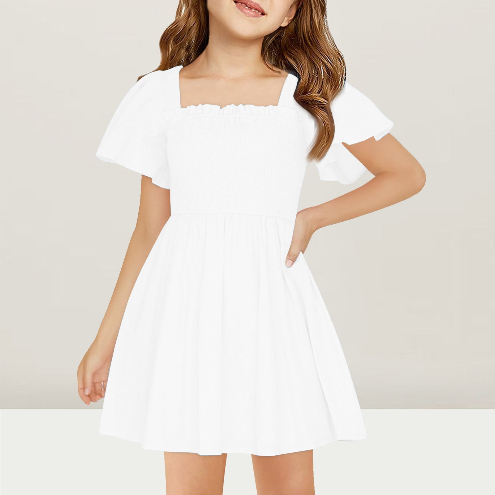 Nokdvo Tween Girls Dresses Size 9-10 Flutter Sleeve A Line Swing Dress Smocked Square Neck Prom ...