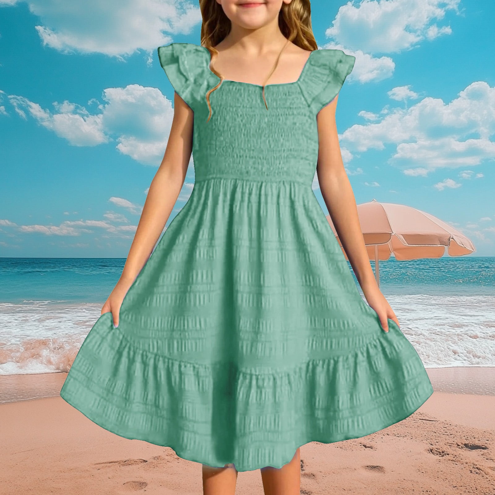 Nokdvo Tween Girls Dresses Sleeveless A Line Swing Dress Smocked Square ...