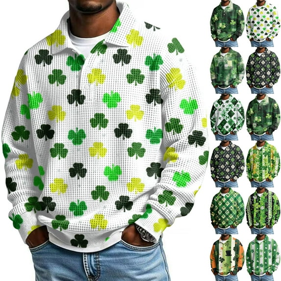 Nokdvo Waffle Polo Shirts for Men Long Sleeve Green Shamrock T Shirts ...