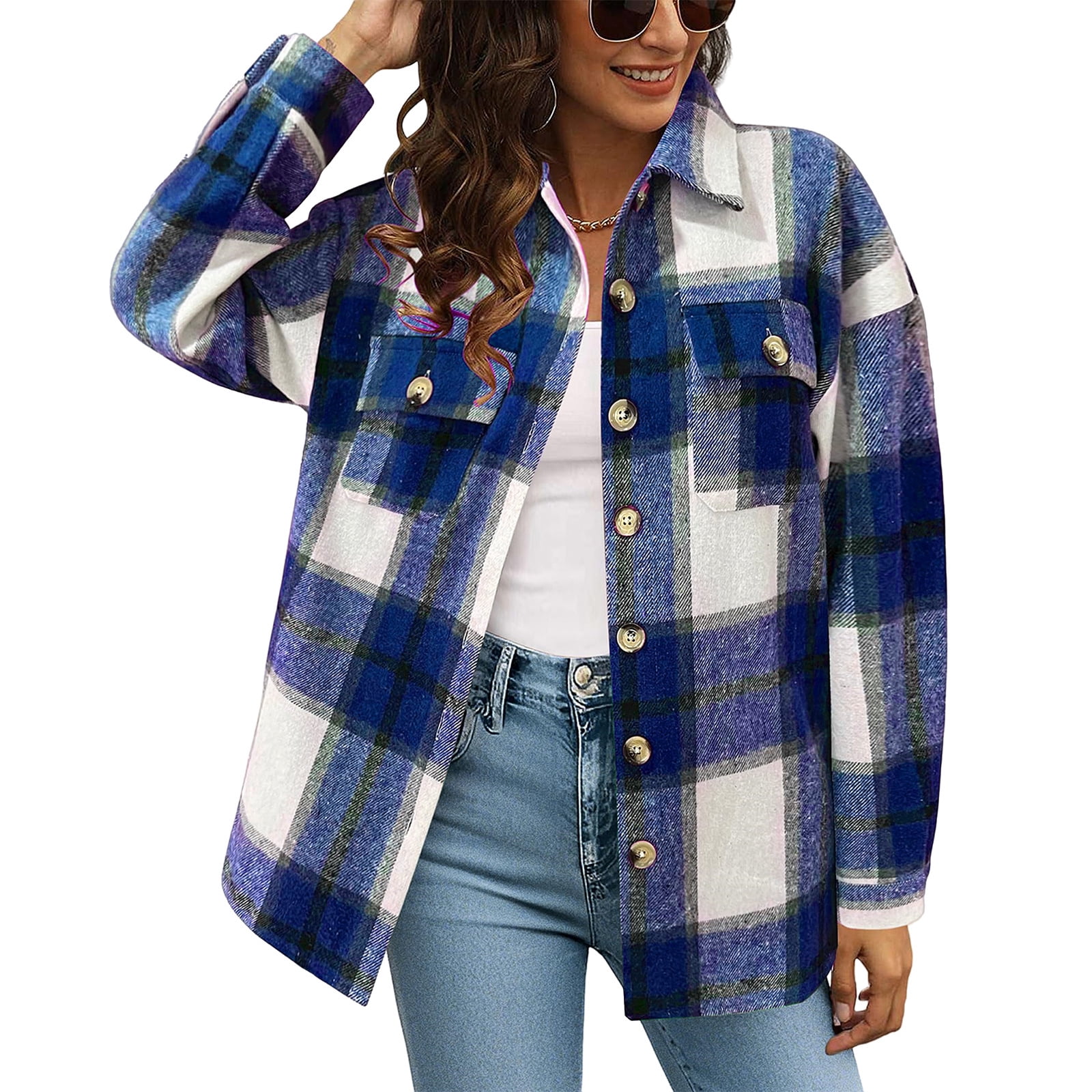 Nokdvo Womens Flannel Plaid Shirts Boyfriend Long Sleeve Button Down ...