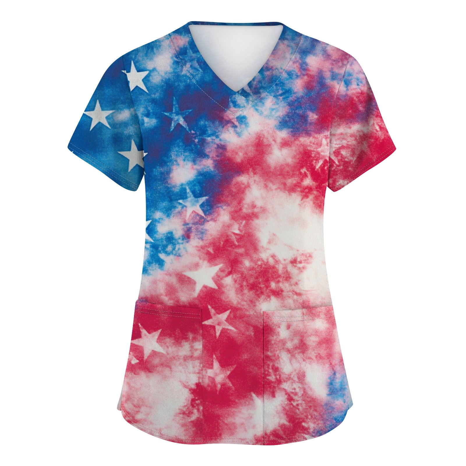 Nokdvo Womens Red White And Blue Scrub Tops American Flag Patriotic ...