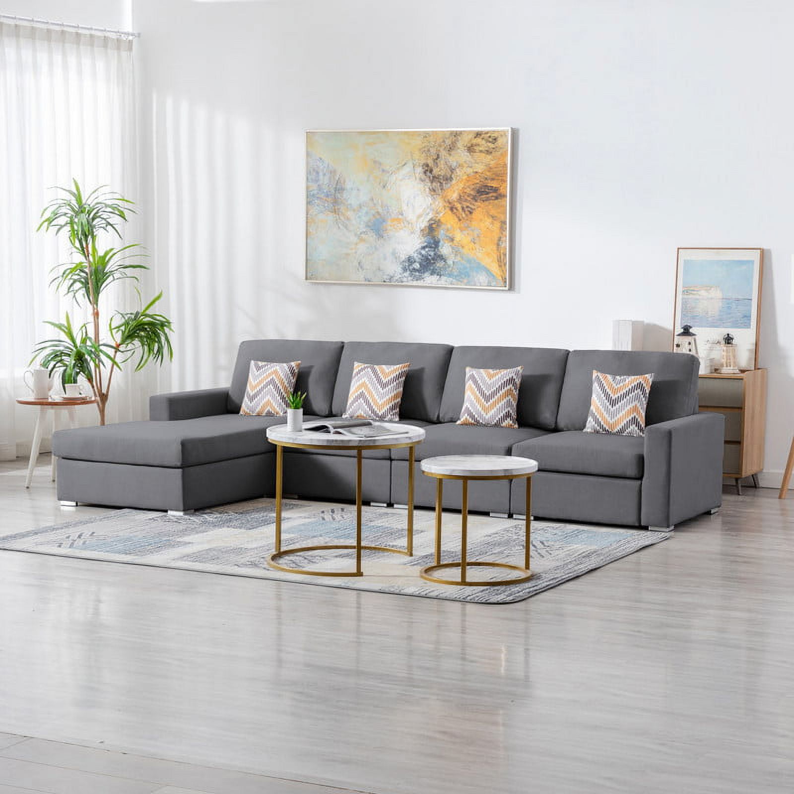 Nolan 124-Inch Gray Linen Reversible Sectional Sofa With Chaise Lounge ...