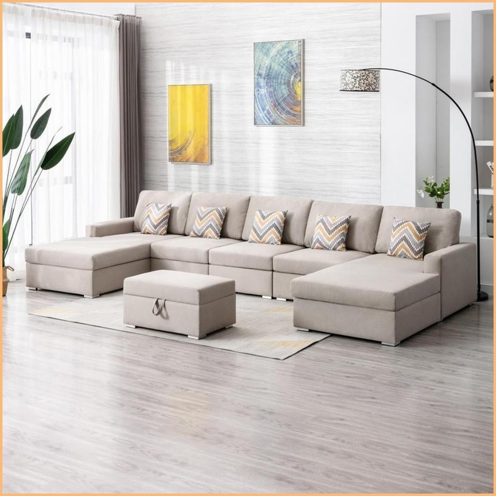 Nolan 152” Beige Linen Double Chaise Sectional Sofa with Storage ...