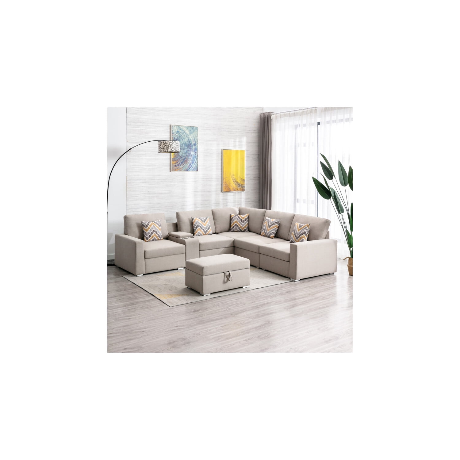 Nolan 7Pc Linen Reversible Sectional w/ Legs, Pillows, Storage, Console ...