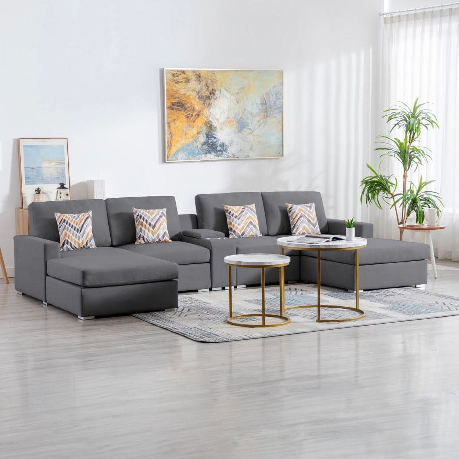 Nolan Gray Linen Fabric 5Pc Double Chaise Sectional Sofa with ...