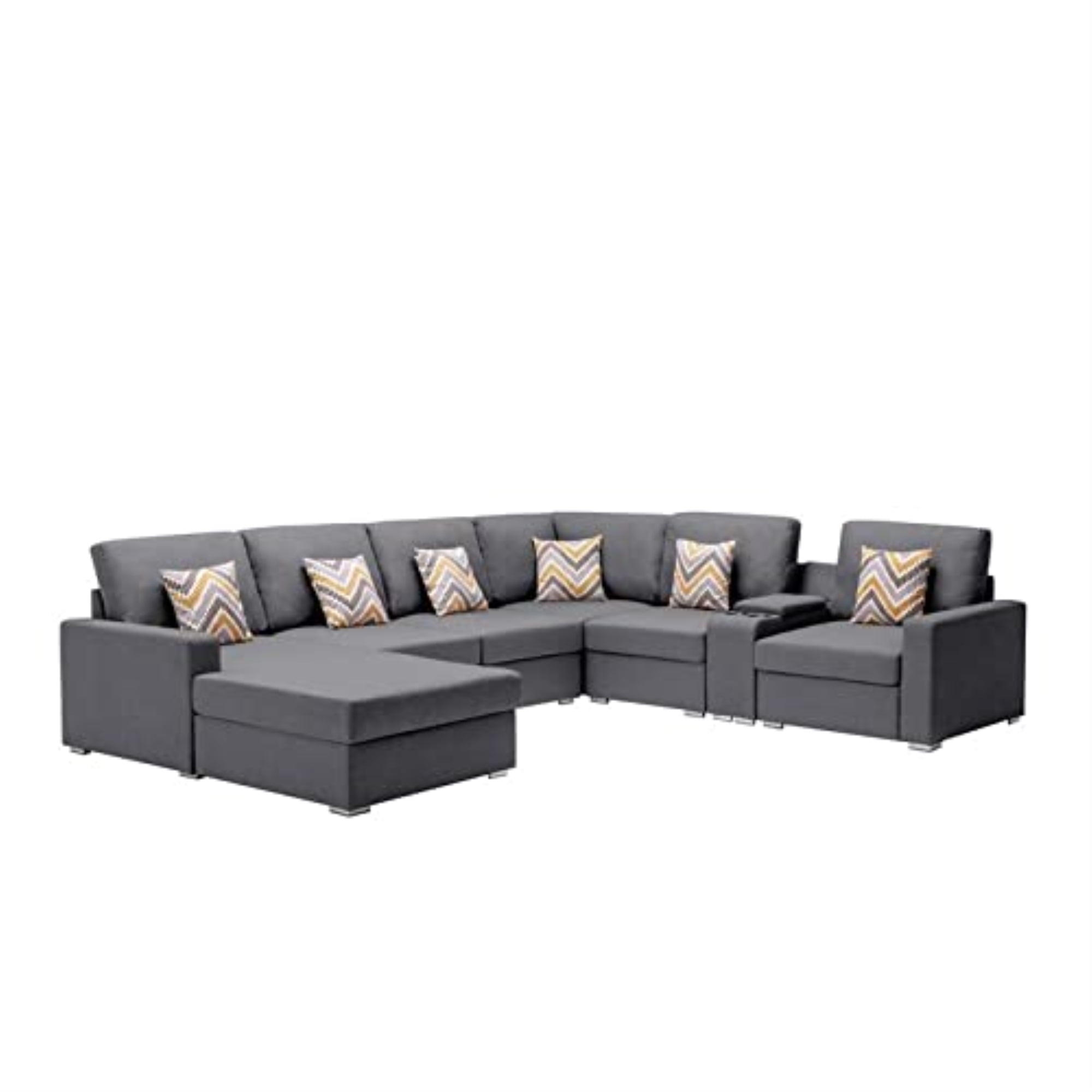 Nolan Gray Linen Fabric 7Pc Reversible Chaise Sectional Sofa with a USB ...