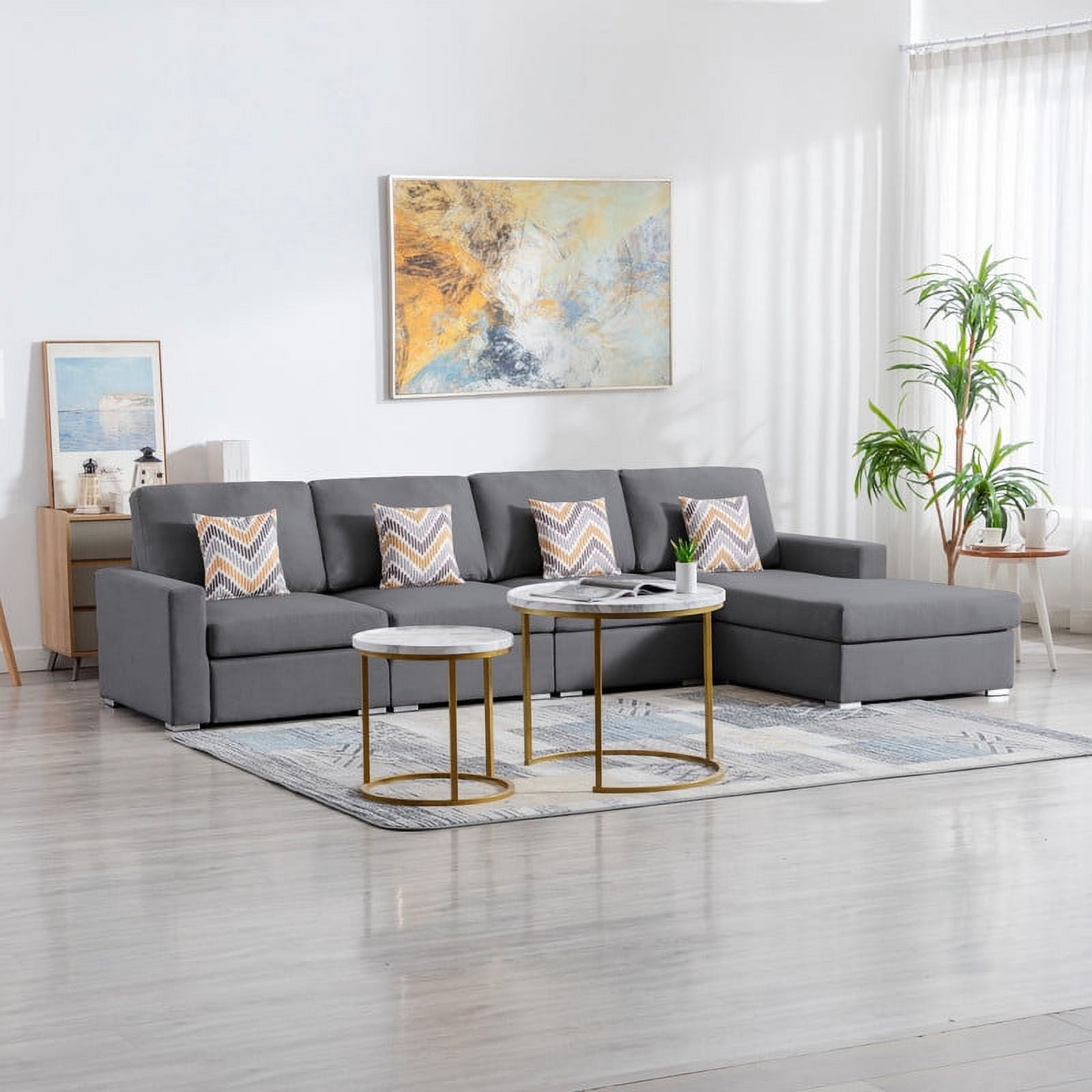 Nolan Gray Linen Fabric 4Pc Reversible Sectional Sofa Chaise with ...