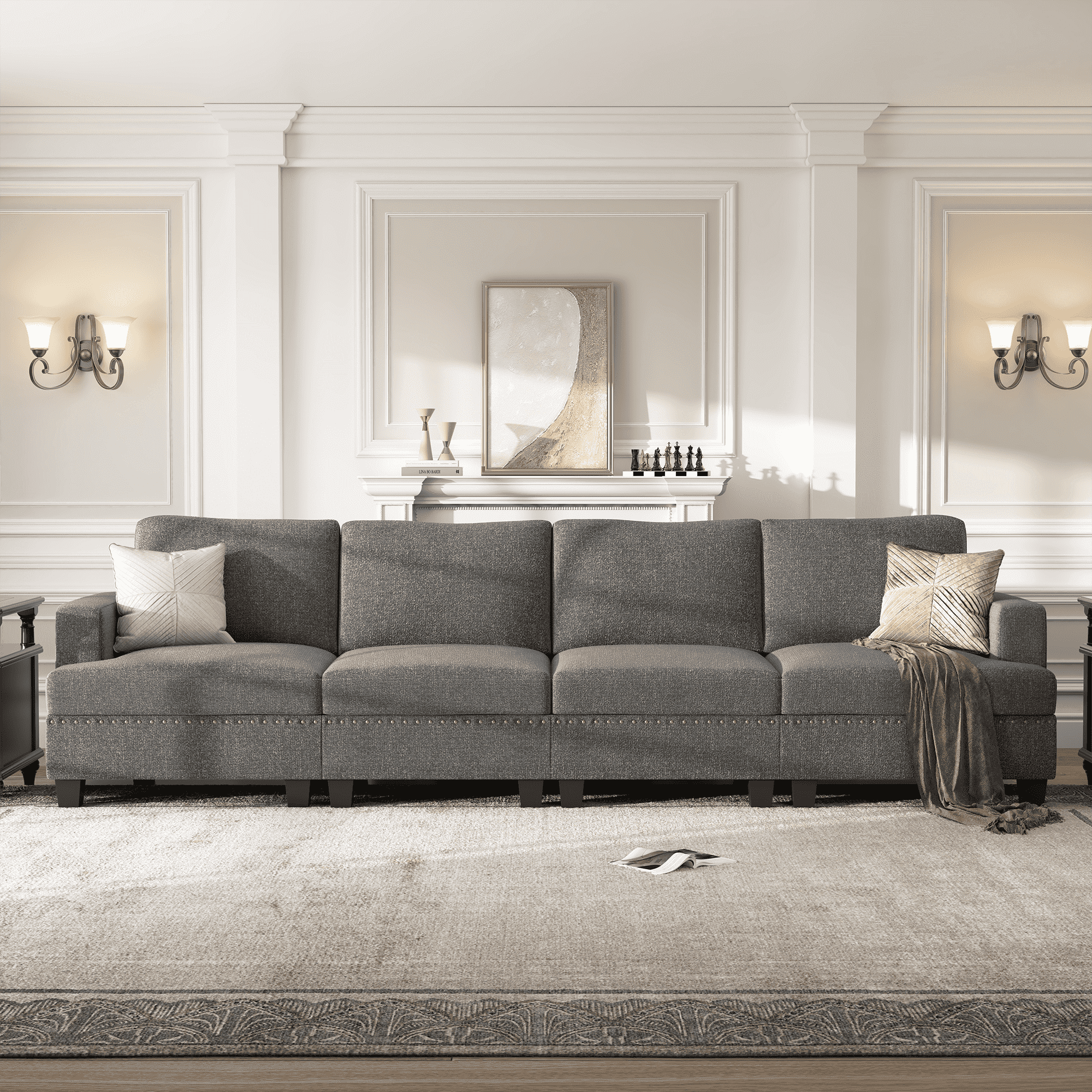 Nolany Linen Grey Modular Sectional Sofa Couch 4-Seater for Living Room ...