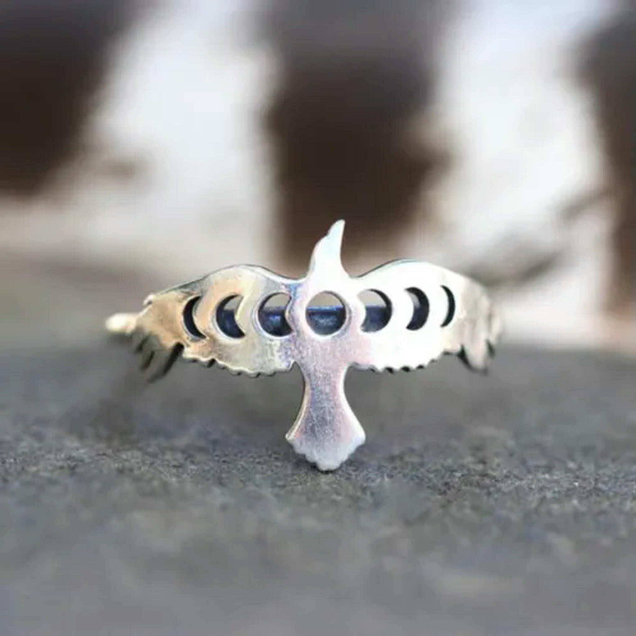 Nololo Vintage Silver Hollow Moon Phase Stacking Ring Fly Bird Band ...