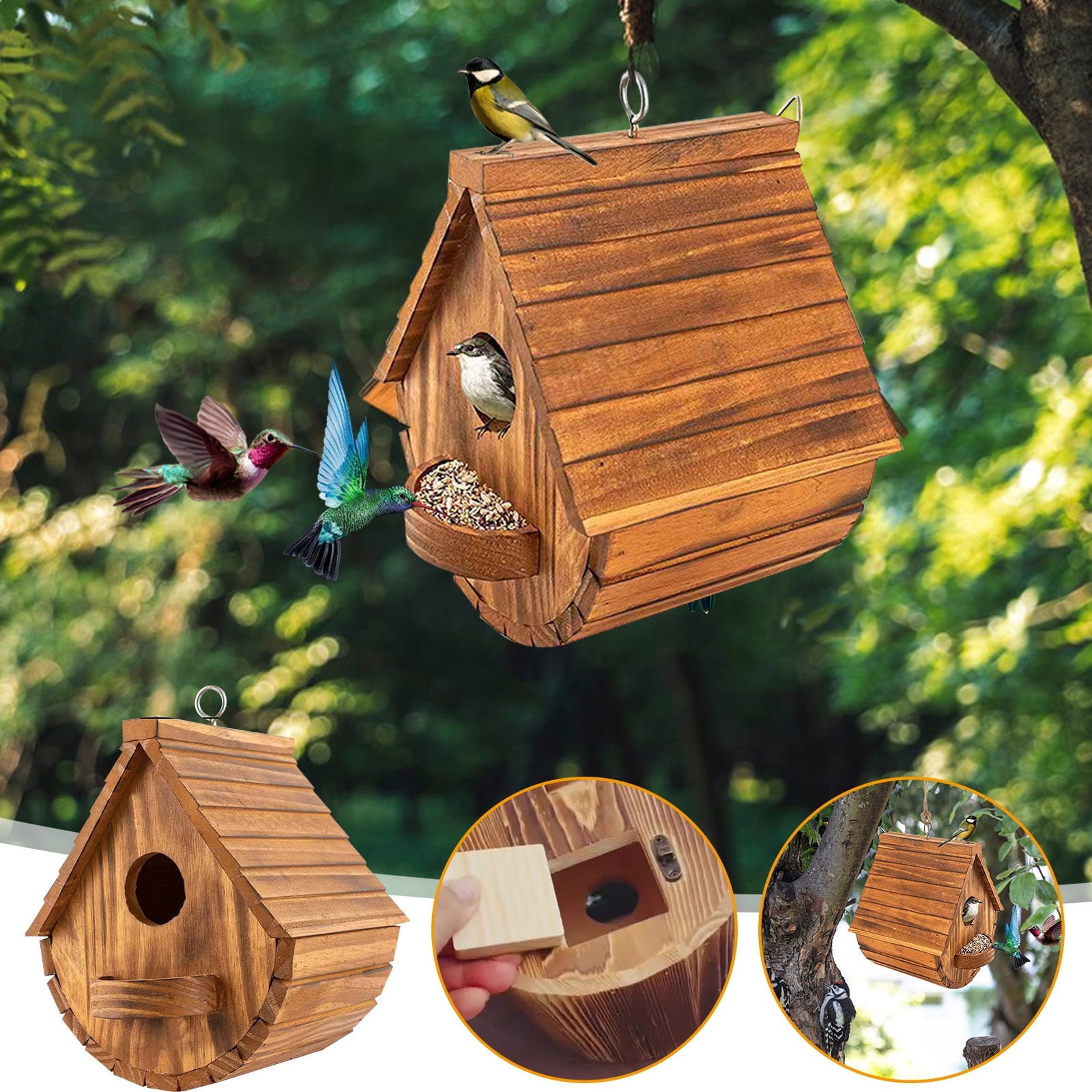 Nololo Wooden Bird House - Natural Coarse Wood Material, Easy to ...