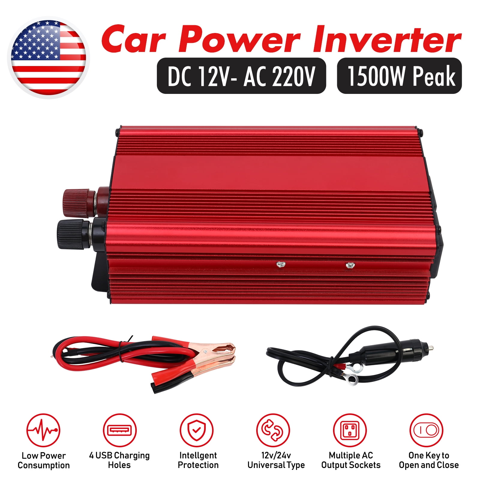 1500W DC 12V to AC 110V/220V Power Inverter with Dual Sockets for ...