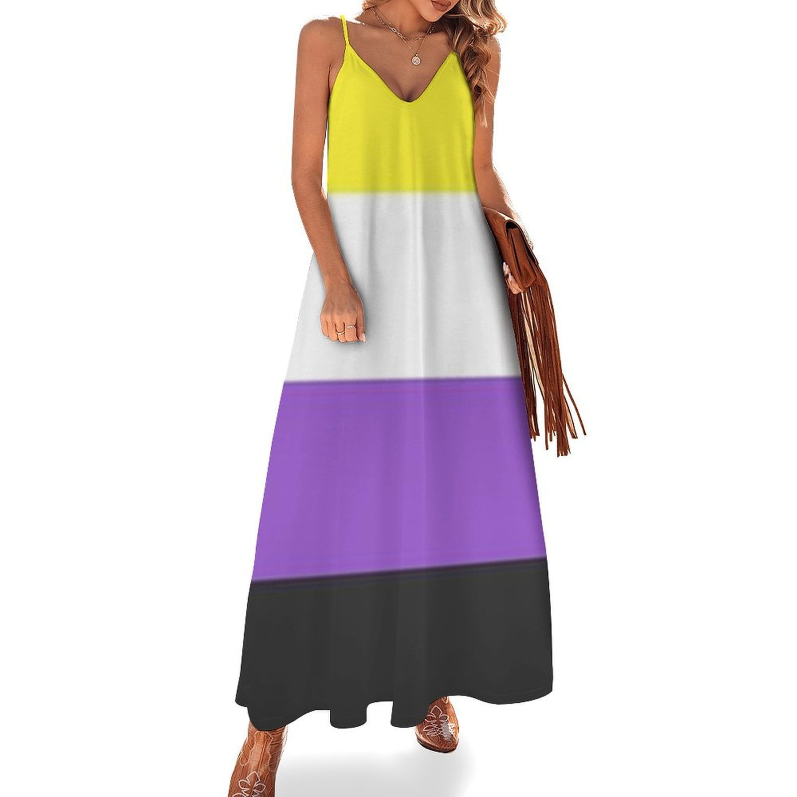 Non Binary Pride FlagSummer Sleeveless V Neck Dresses for Women,Spaghetti Strap Maxi Dress Sexy ...