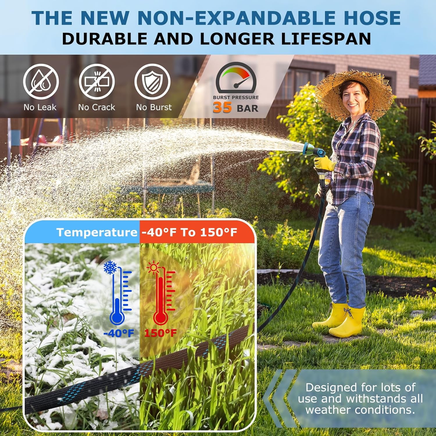 Non-Expanding Garden Hose 75 ft, Kink Free Flexible Water Hose with 10-Pattern Spray Nozzle ...