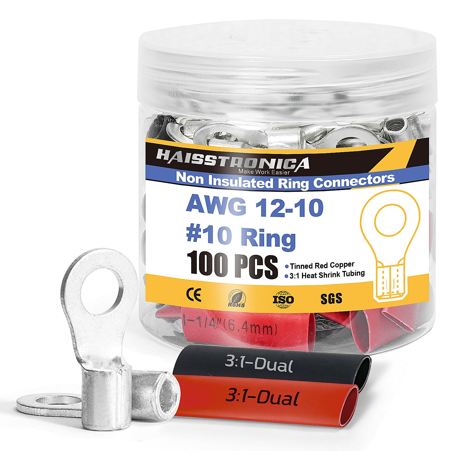 JUNCHI-Non Insulated Wire Connectors Kit50pcs #10 Ring Terminals (AWG12 ...