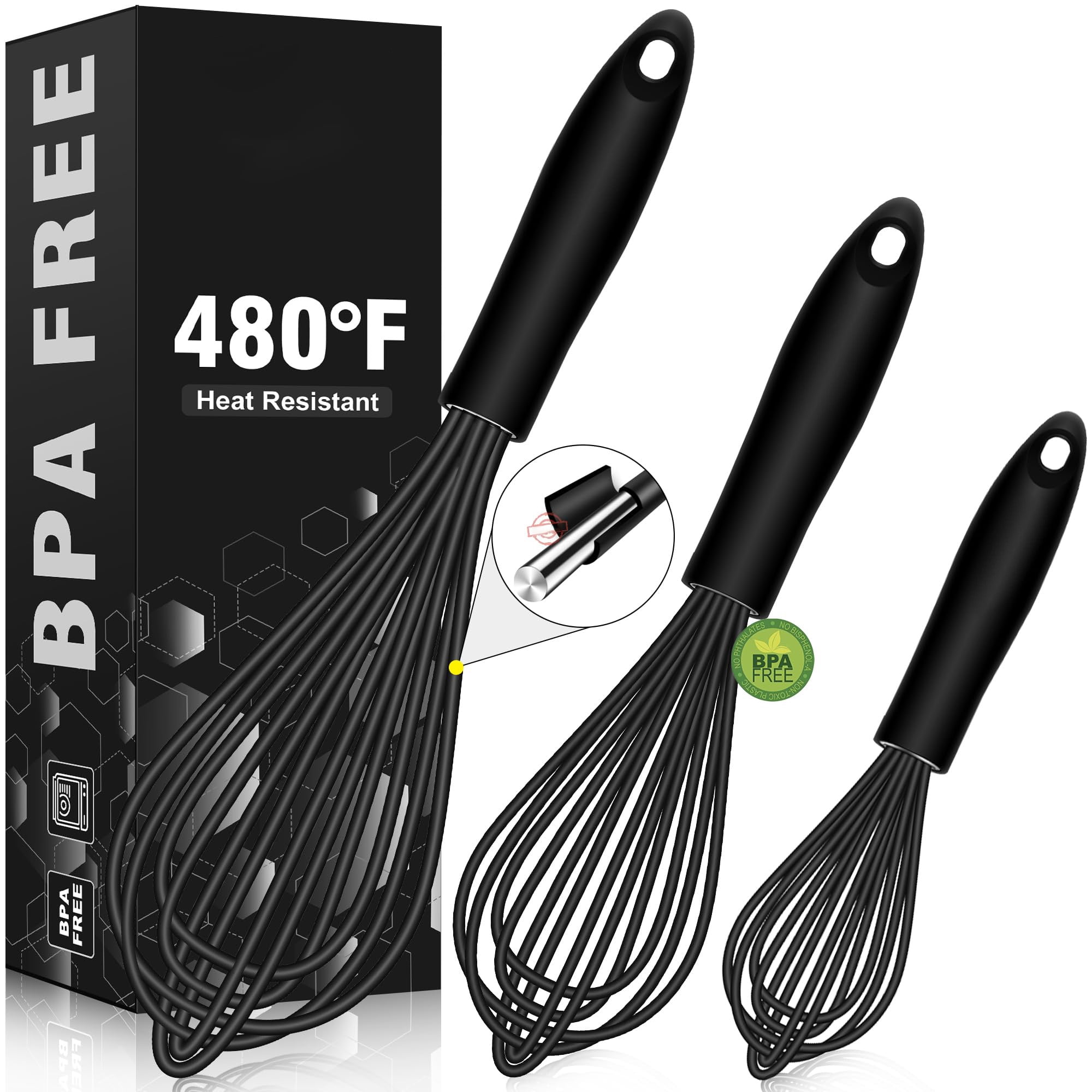 Non-Scratch Kitchen Whisk Set, 3 Silicone Coated Stainless Steel Whisks ...