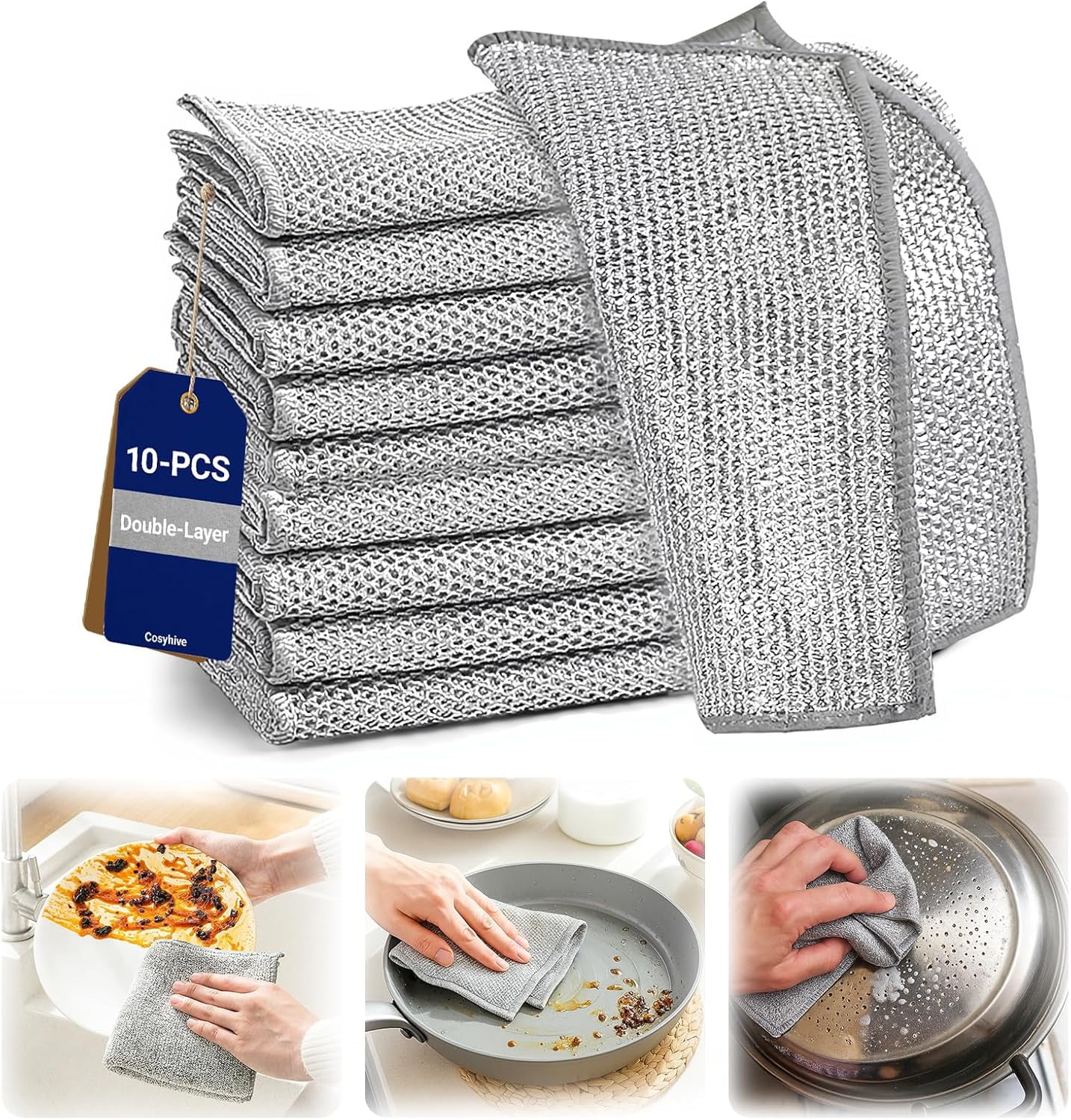 Non-Scratch Wire Dish Cloth, 10PCS Double Layer Multipurpose Wire ...
