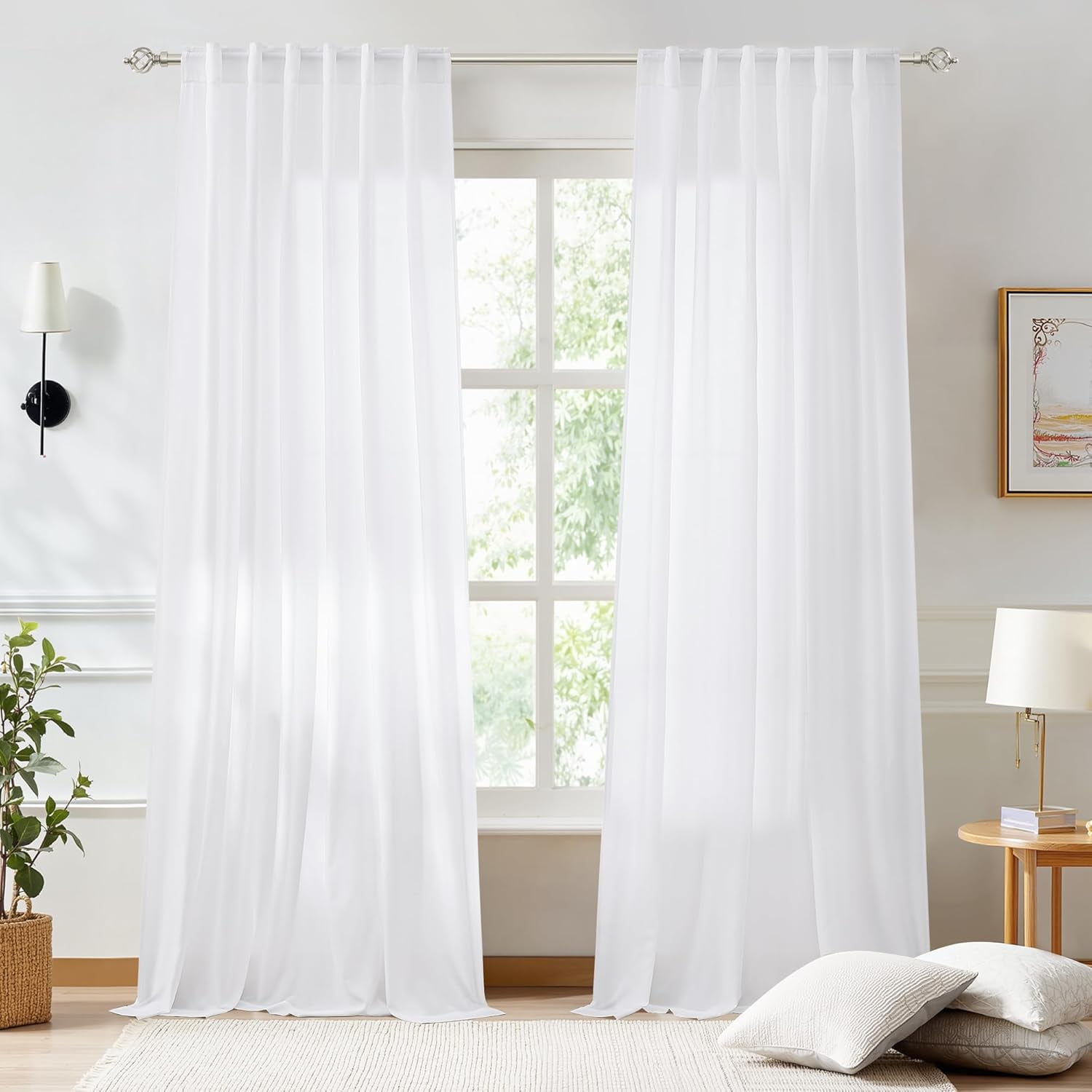 Non-See-Through White Sheer s 96 inches Long 2 Panels, Privacy Rod ...