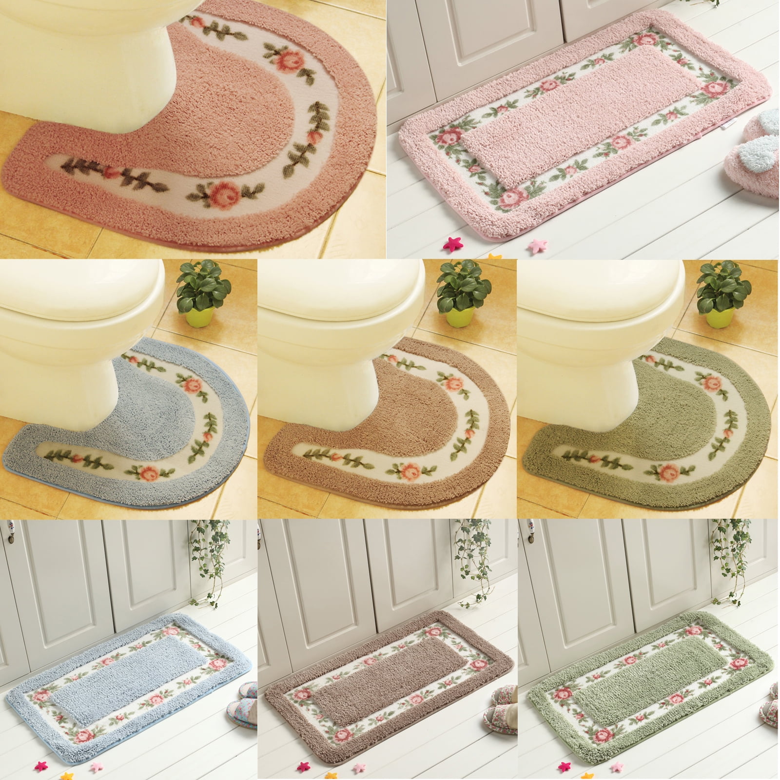 Non-Skid Floral Rose Bathroom Contour Rugs, Set of 2/1 Soft Shaggy Non ...