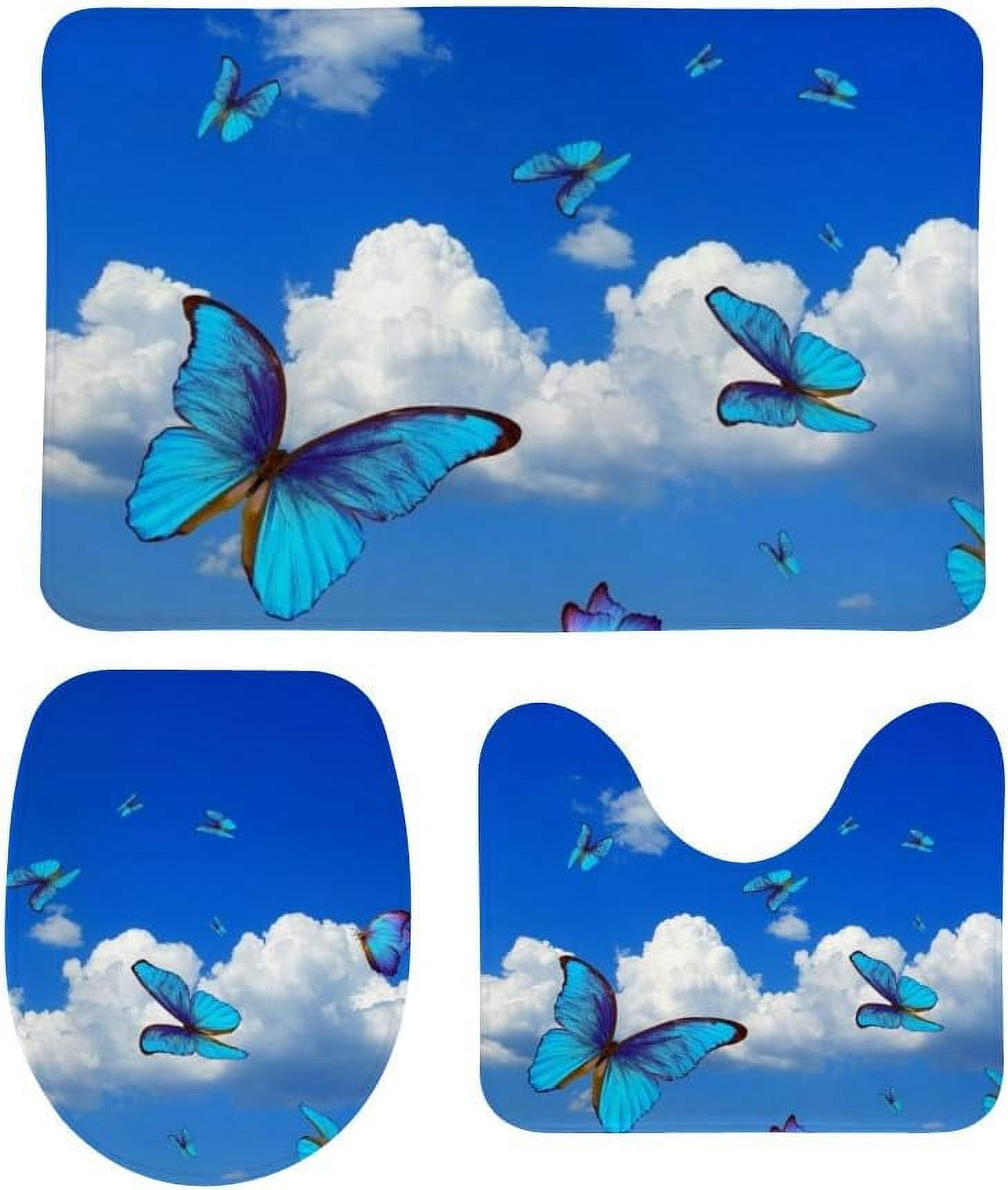 Non-Slip 3 Piece Bathroom Rug Set Bright Butterflies Flying in The Blue ...
