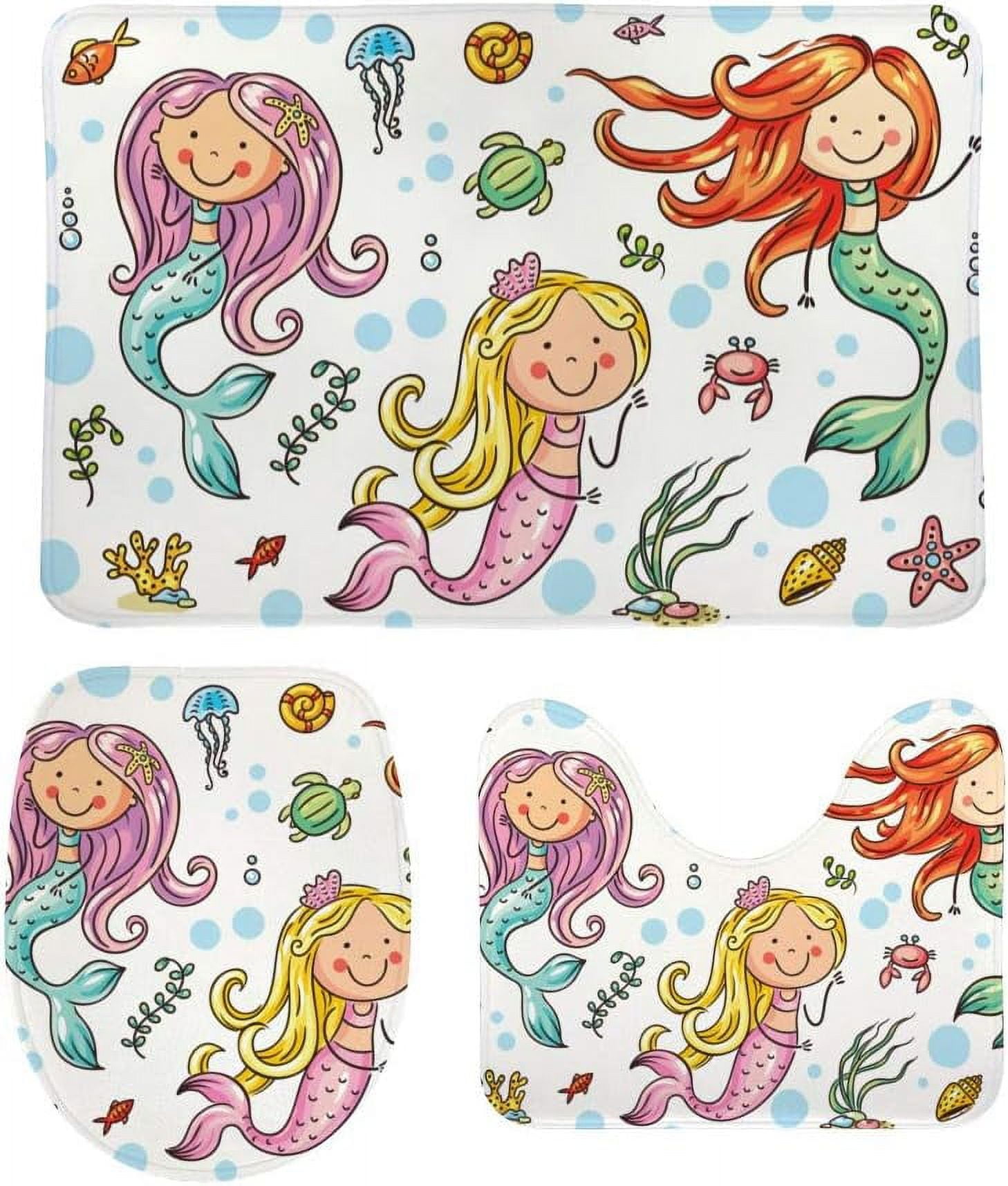 Non-Slip 3 Piece Bathroom Rug Set Cartoon Mermaids Soft Contour Rug ...