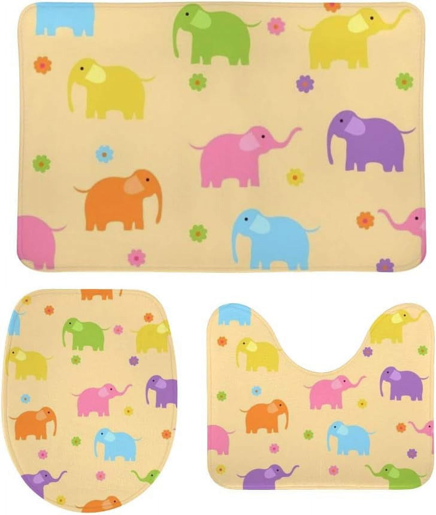 Non-Slip 3 Piece Bathroom Rug Set Colorful Elephants and Flowers Soft ...