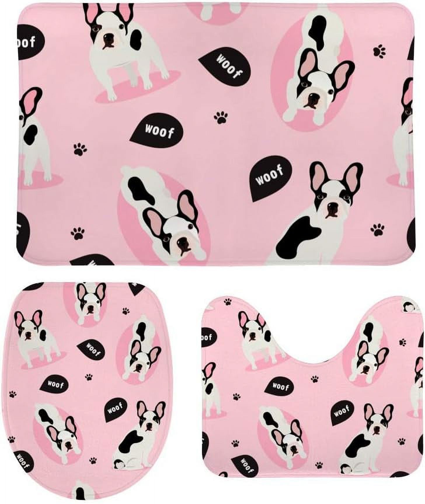 Non-Slip 3 Piece Bathroom Rug Set Dog and Paws On Pink Soft Contour Rug ...