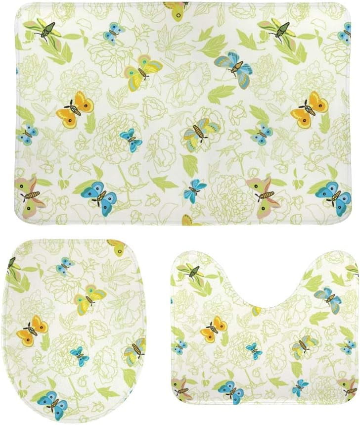 Non-Slip 3 Piece Bathroom Rug Set Elegant Peony Butterfly Soft Contour ...