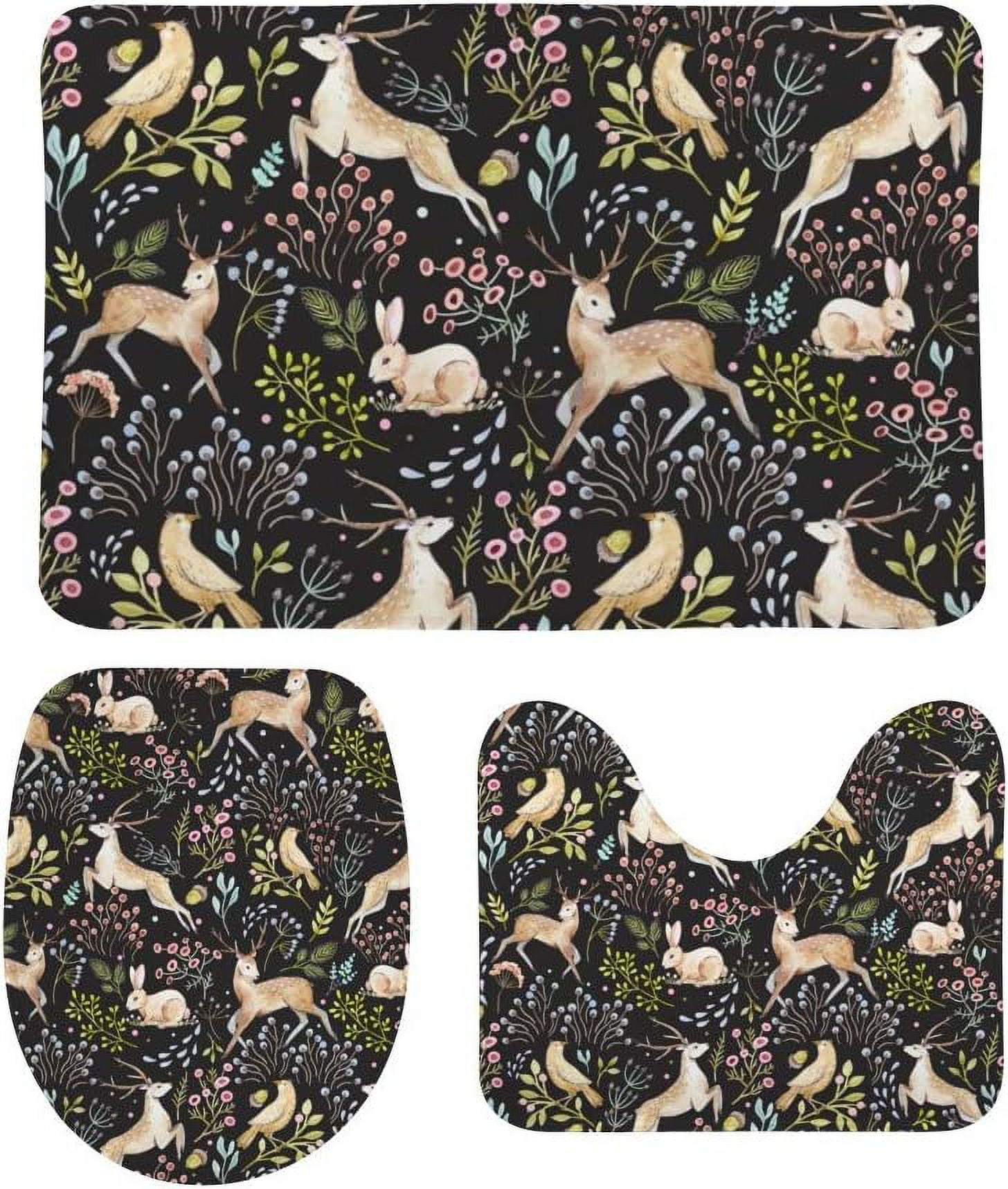 Non-Slip 3 Piece Bathroom Rug Set Floral Deer and Rabbits Soft Contour ...