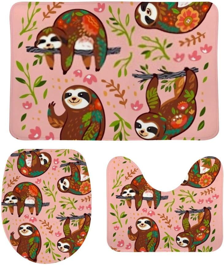 Non-Slip 3 Piece Bathroom Rug Set Floral Sloth Set Soft Contour Rug ...