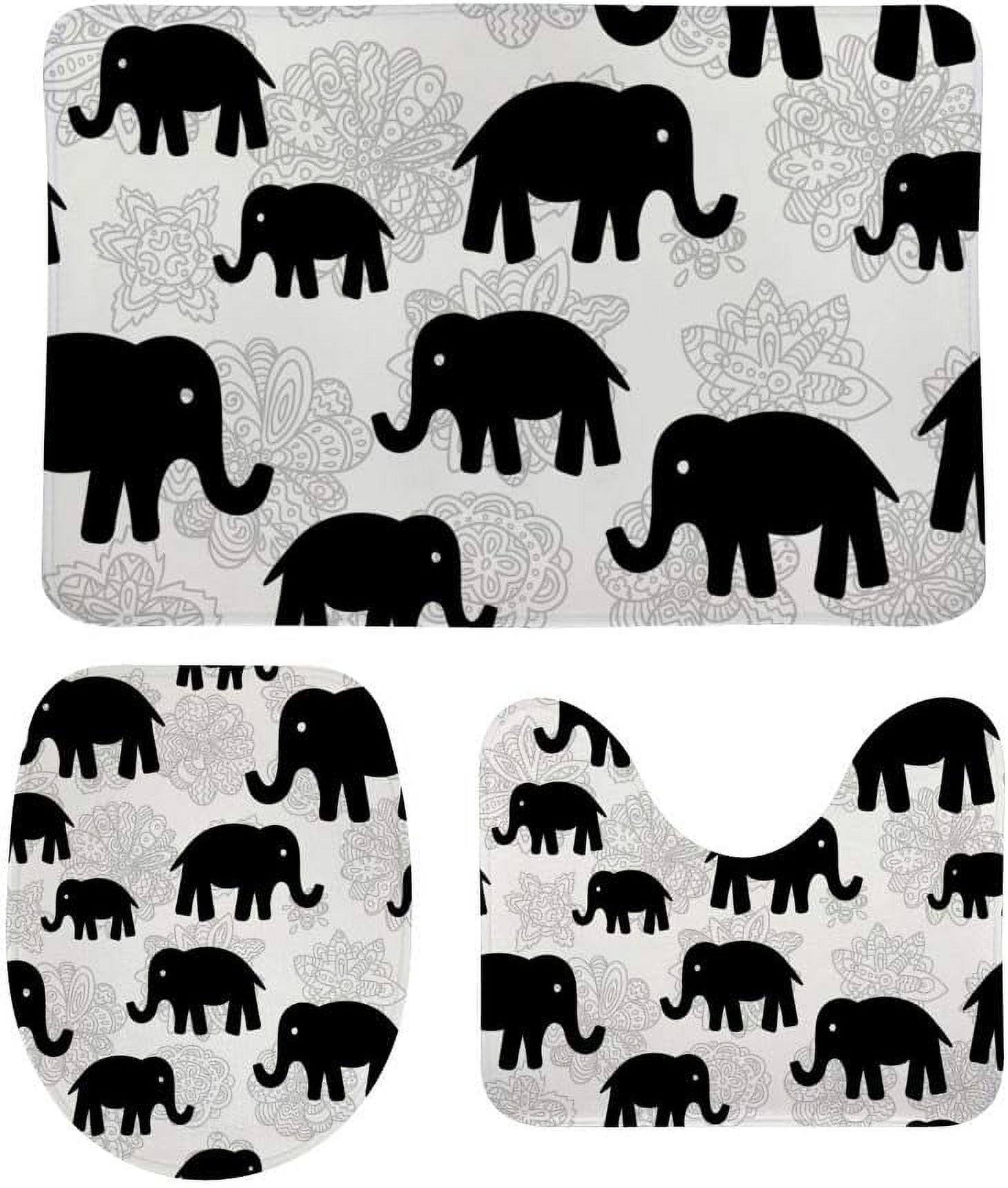Non-Slip 3 Piece Bathroom Rug Set Floral and Black Elephants Soft ...