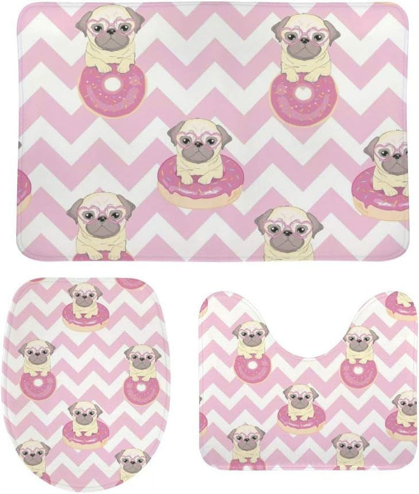 Non-Slip 3 Piece Bathroom Rug Set Funny Pug and Donut Soft Contour Rug ...