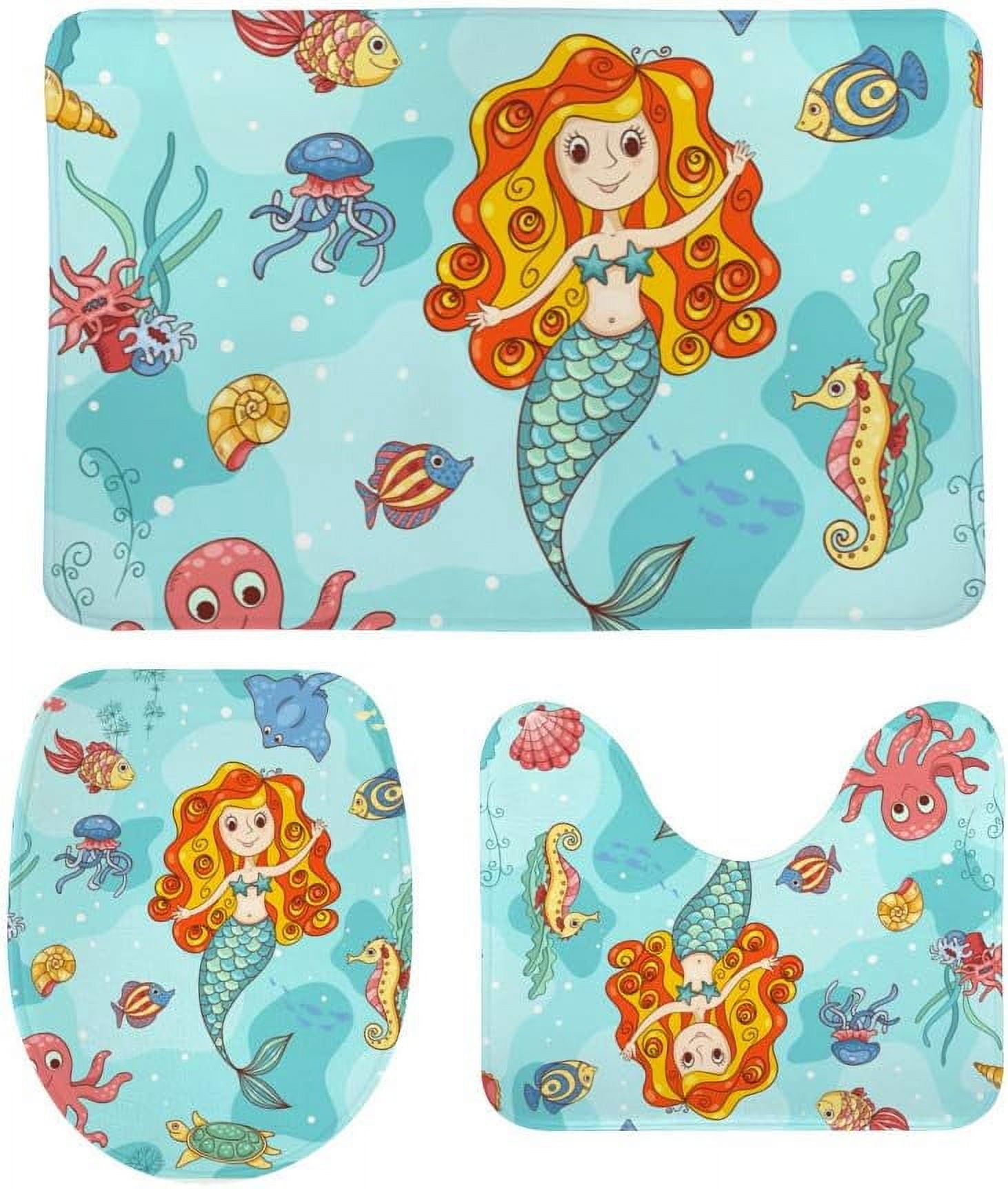 Non-Slip 3 Piece Bathroom Rug Set Lovely Mermaid and Fishes Soft ...