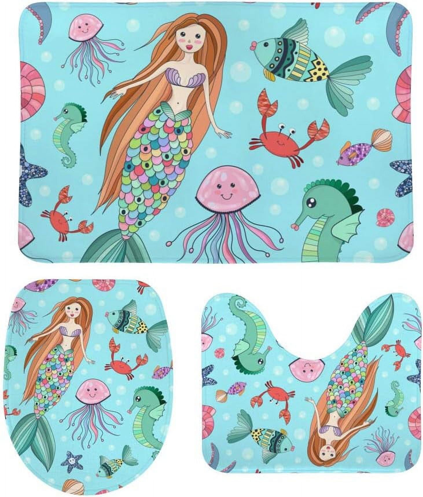 Non-Slip 3 Piece Bathroom Rug Set Mermaid Sea Animals Soft Contour Rug ...