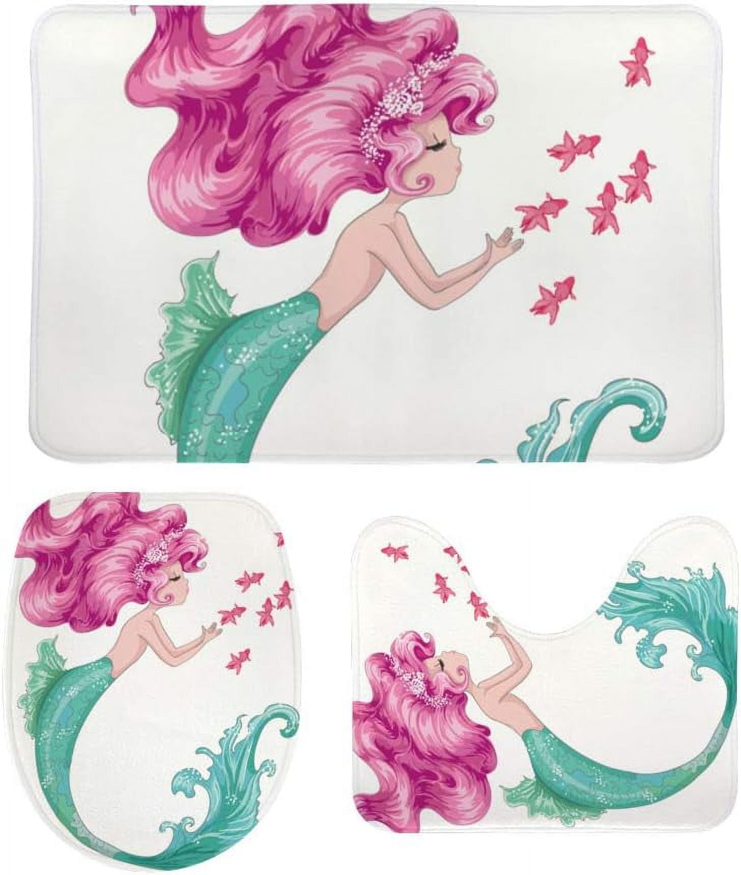 Non-Slip 3 Piece Bathroom Rug Set Mermaid with Fishes Soft Contour Rug ...