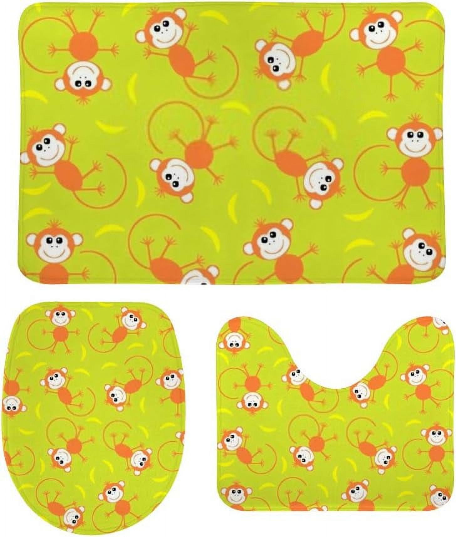 Non-Slip 3 Piece Bathroom Rug Set Orange Monkeys Bananas Soft Contour ...